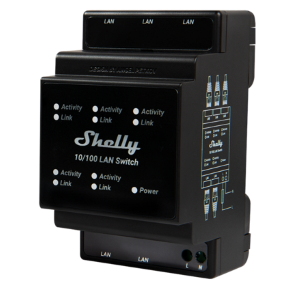 Shelly LAN Switch. DIN-mountable Ethernet switch with 5 RJ45 ports ...